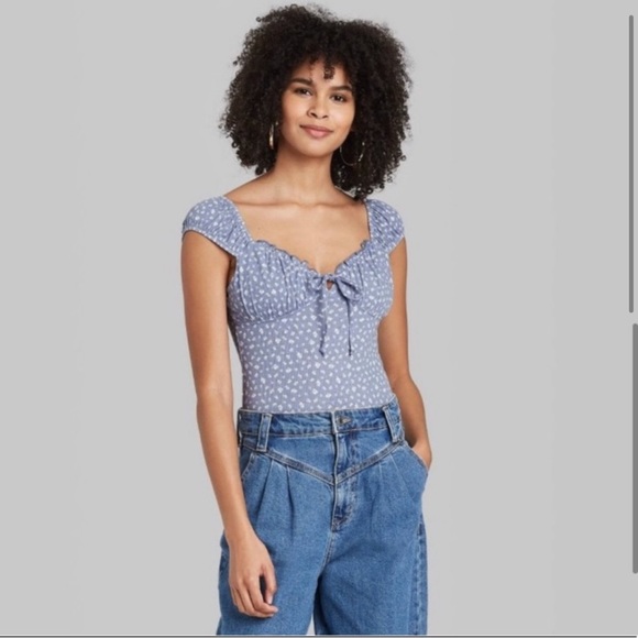 wild fable | Tops | New Wild Fable Blue Floral Short Sleeve Bodysuit S ...